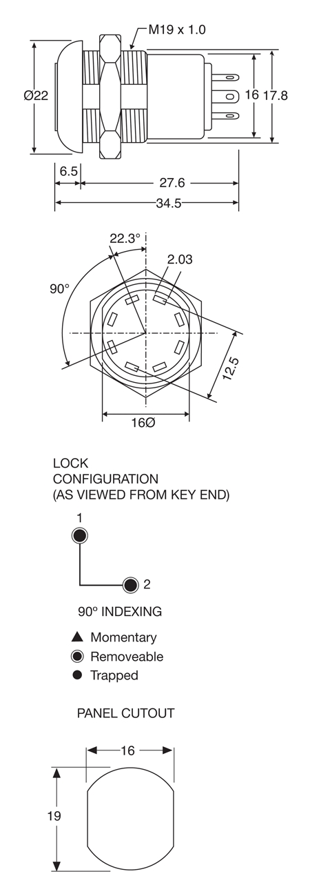 Keyswitch - 2 Position, DPDT, 003 Key (S2612) | Techtronics Australia
